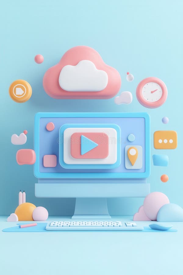 Colorful Stylized Computer Screen with Multimedia Icons in a Modern ...