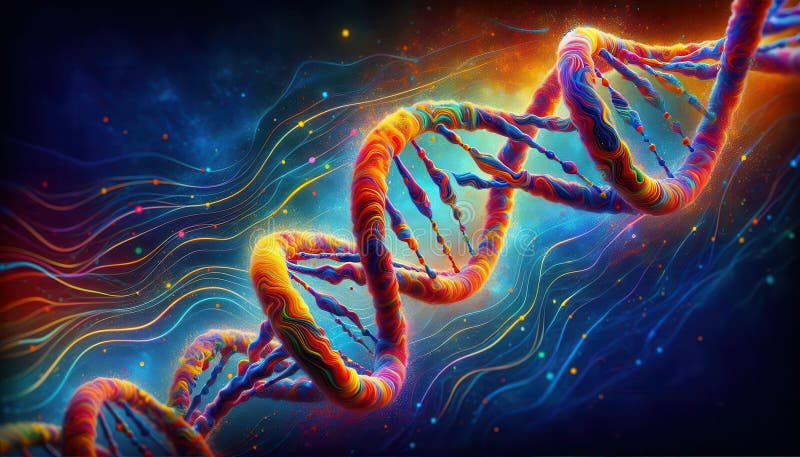 A Colorful, Stylized 3D Render of a DNA Molecule on a Dark Background ...