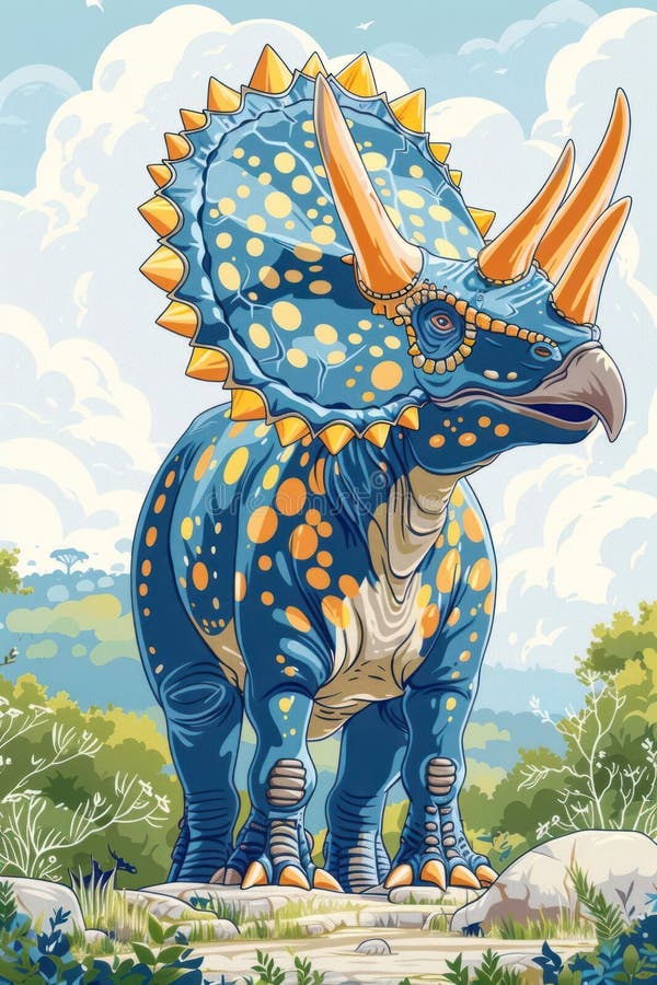 Majestic Triceratops Dinosaur in Vibrant Blue and Orange Hues Stock ...