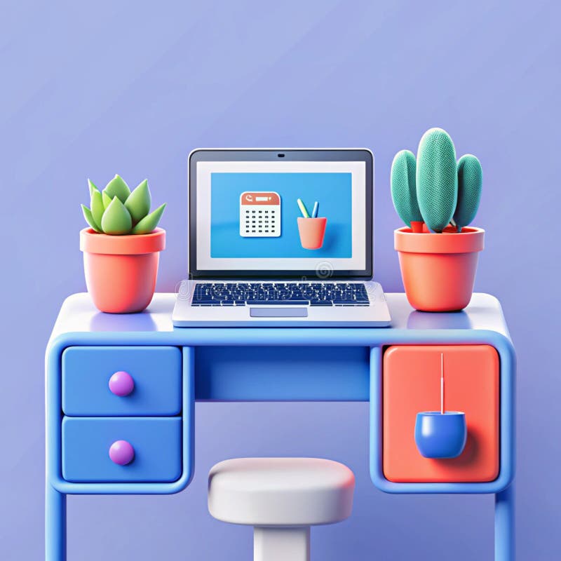 Colorful, Stylized Desk with Laptop, Calendar, and Plants. a Virtual ...