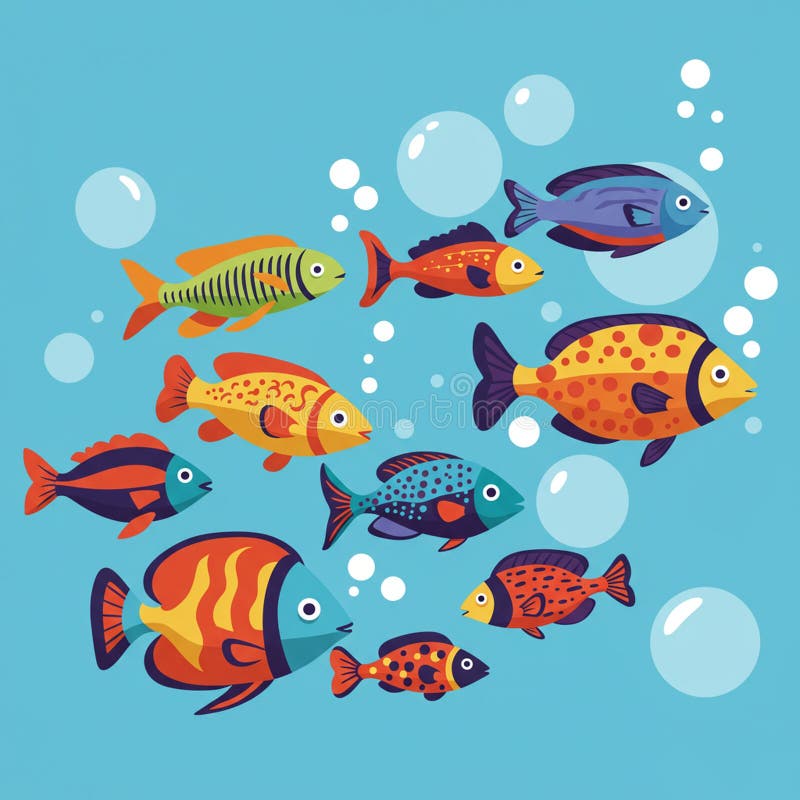 Colorful, Stylized Fish Swimming Against a Light Blue Background ...