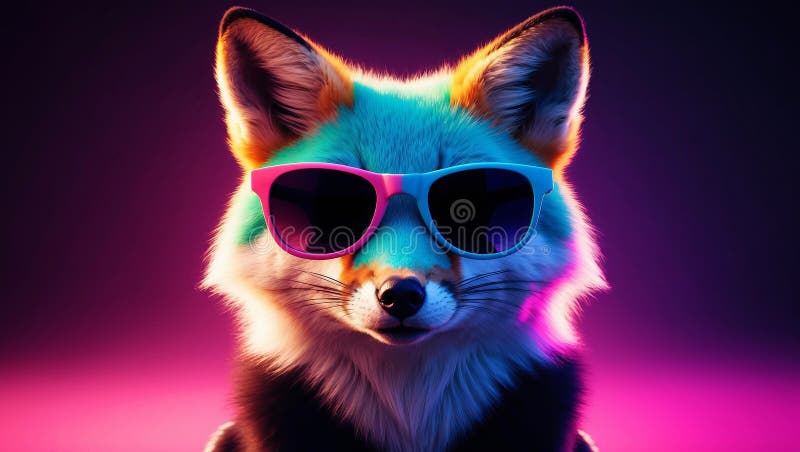Colorful, Stylized Fox Wearing Sunglasses in Neon, Synthwave Aesthetic ...