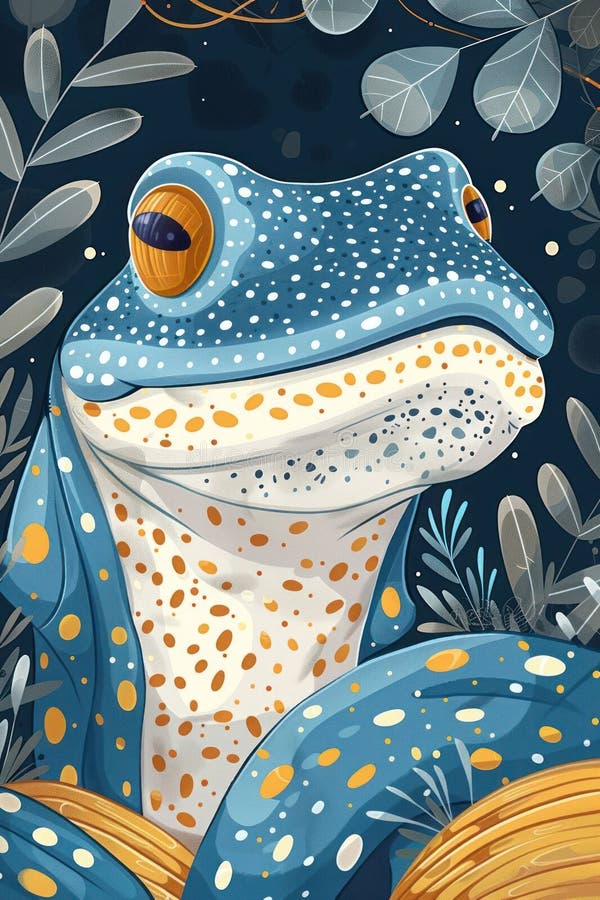 Vibrant Blue Frog Portrait in Lush Foliage Stock Illustration ...