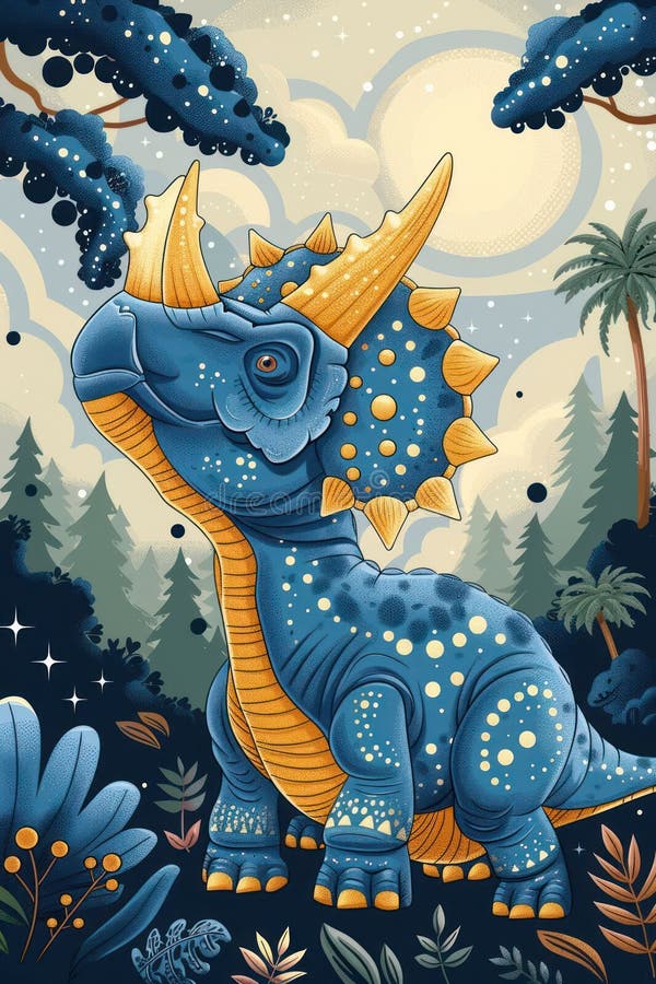 Charming Blue Triceratops Dinosaur in Enchanted Forest Stock ...