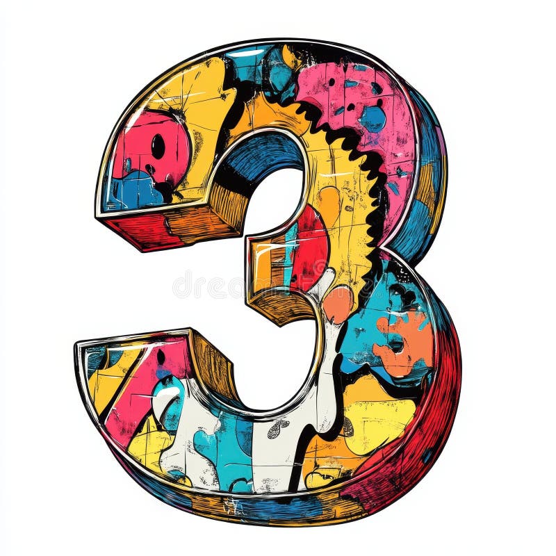 A Colorful, Stylized Number Three Featuring Vibrant Graffiti-like ...