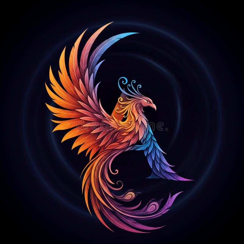 A Colorful, Stylized Phoenix in Dynamic Flight. the Feathers are ...