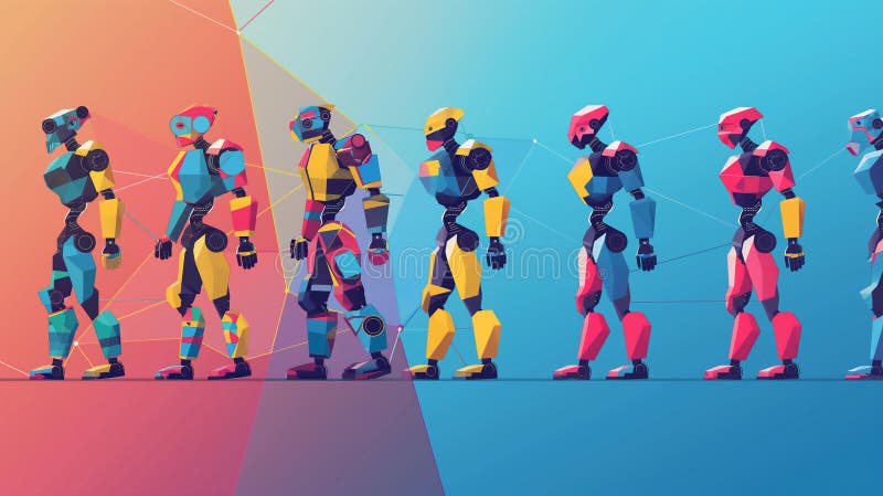 Colorful, Stylized Robots Interconnected on a Vibrant, Geometric ...