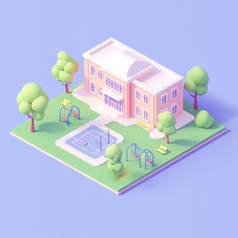 A Colorful, Stylized School Building with a Playground and Trees in a ...