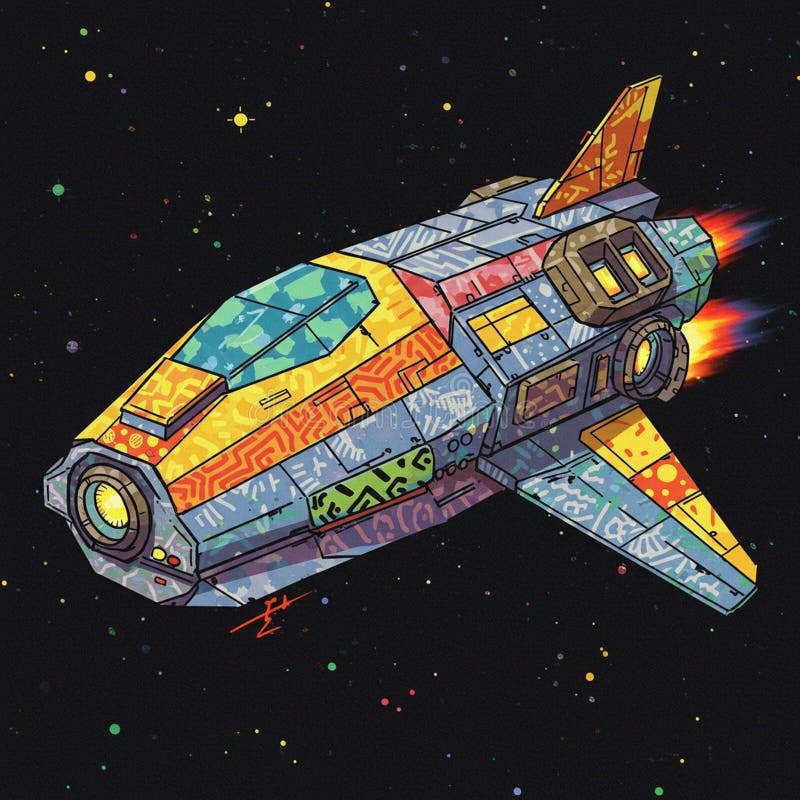 A Colorful, Stylized Spaceship Set in a Starry Space Backdrop. the ...