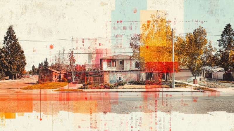 Colorful Suburban House Collage with Textured Background Stock ...