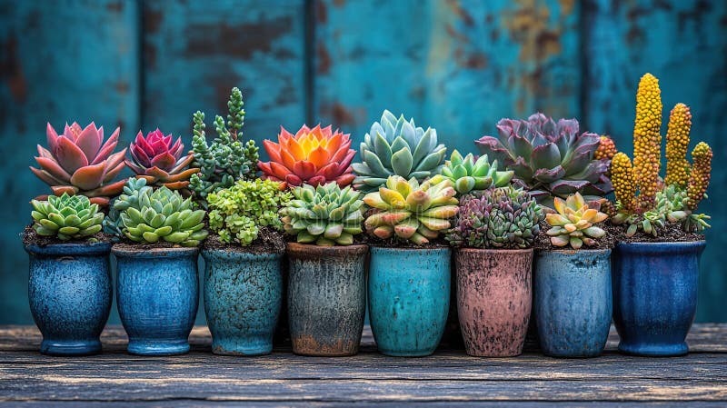 Colorful Succulent Collection in Small Pots (1 Stock Illustration ...