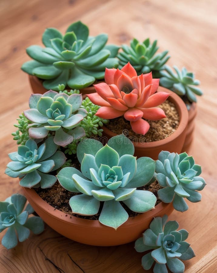 Colorful Succulents in Terracotta Pots Create an Inviting Display on a ...