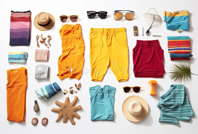 Colorful Summer Beach Essentials Flat Lay on White Background Stock ...