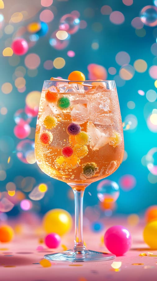 Colorful Summer Cocktail Drink with Ice, Candy Decorations and Bubbles ...