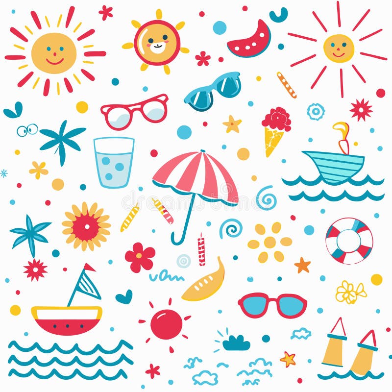 Colorful Summer Doodles Sun, Beach, and Fun Stock Vector - Illustration ...