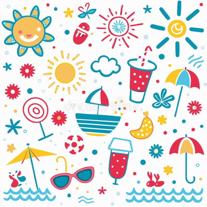 Colorful Summer Doodles Sun, Sea, Drinks, and More Stock Vector ...