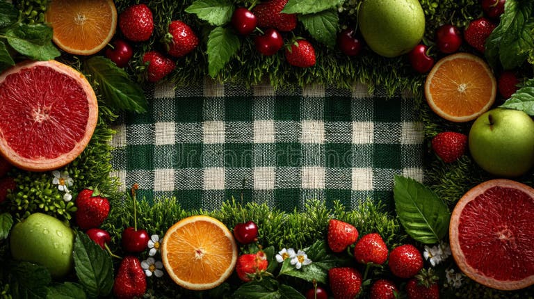 Colorful Summer Fruit Border on Rustic Gingham Stock Illustration - Illustration of border ...