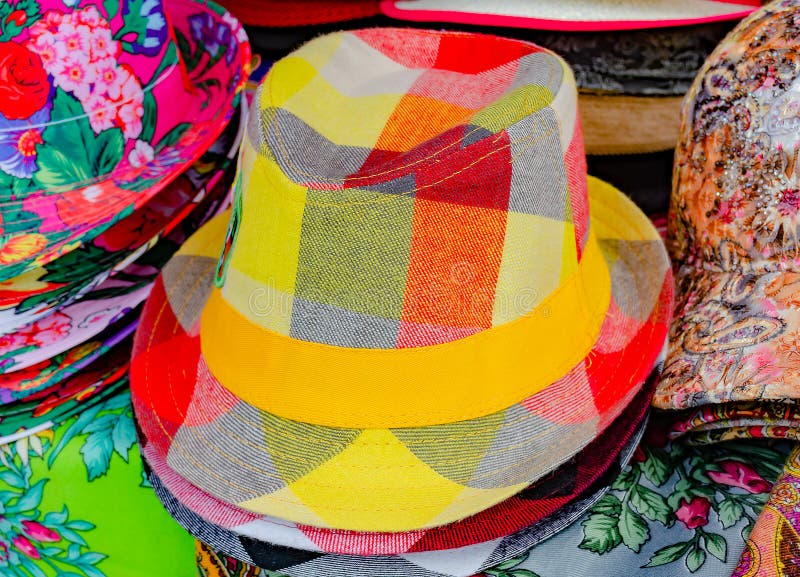 Colorful Summer Hats on Sale Stock Image - Image of horizontal, apparel ...