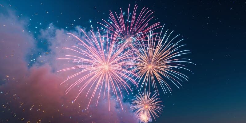 Colorful Summer Night Fireworks Display with Clear Sky and Space for ...