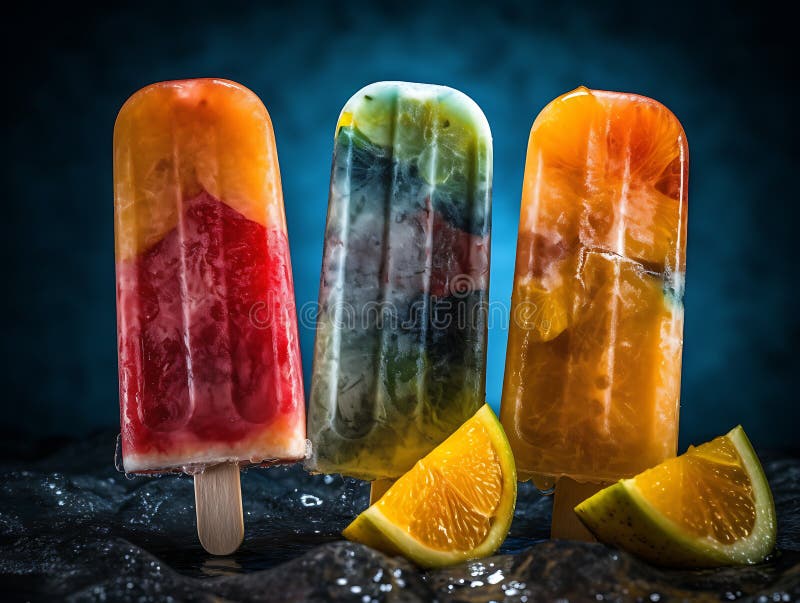 Colorful Summer Popsicles on Dark Blue Background. Ai Generative Stock ...