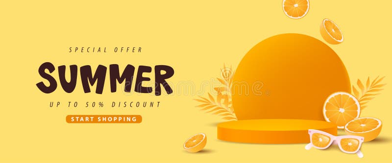 Summer Sale Banner With Product Display Cylindrical Shape Stock Vector