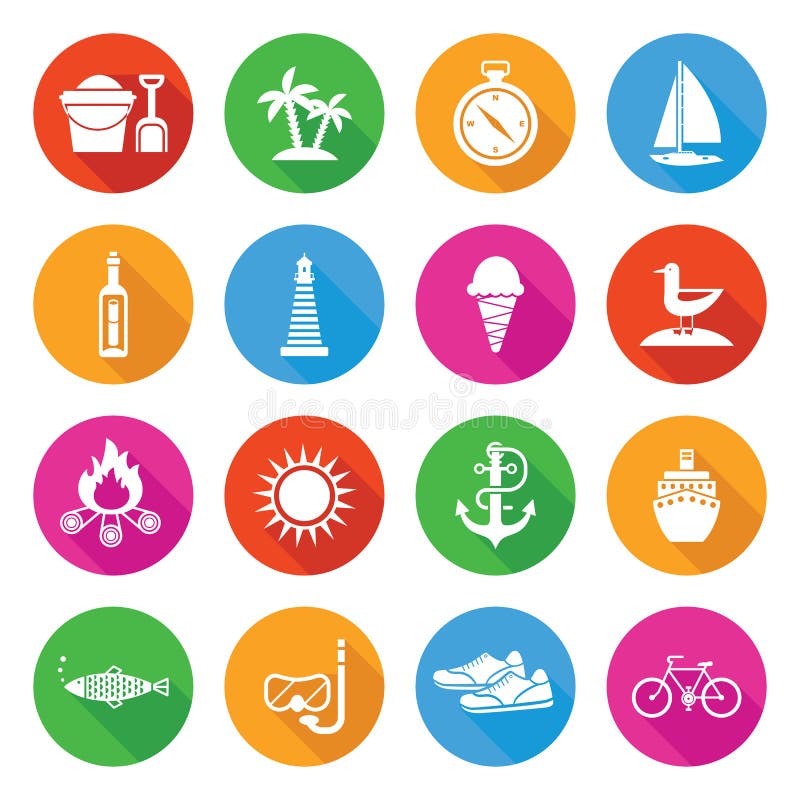 Colorful Summer Vacation and Tourism Icon Set Stock Vector ...