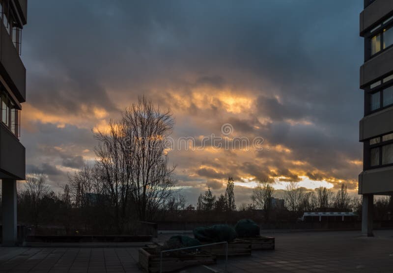 Sun down in a German city stock image. Image of europe - 152681259