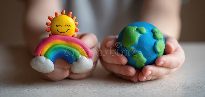 The Colorful Sun and Earth Crafted from Clay in Joyful Hands. AI ...