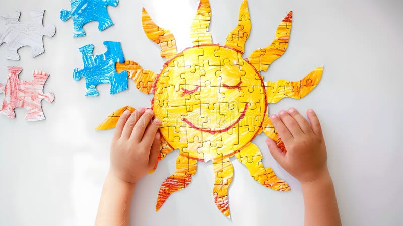 Child S Hands Assembling Jigsaw Puzzle of a Sun on White Background ...