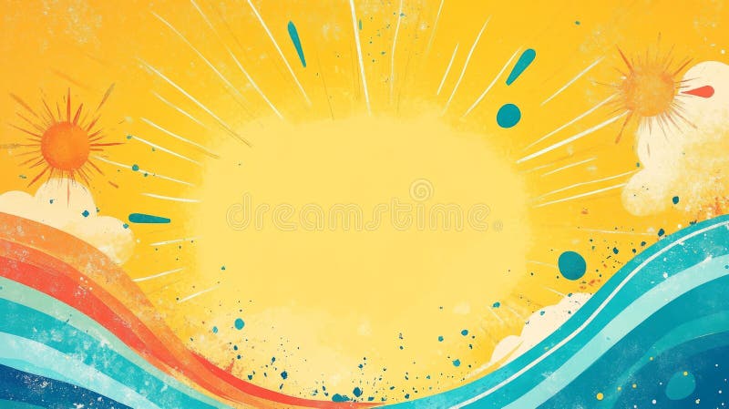Colorful Sunburst with Waves and Clouds in a Retro Style. Stock Photo ...