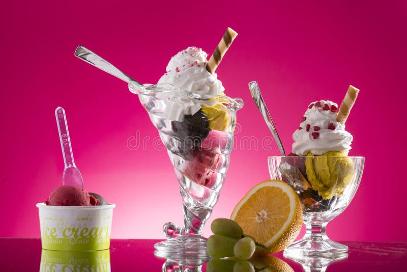 Colorful Sundaes and Takeaway Plastic Cup on Pink Background Stock ...