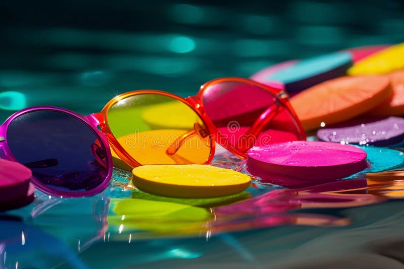 Colorful Sunglasses on a Pool Table with a Reflection of the Pool. AI ...