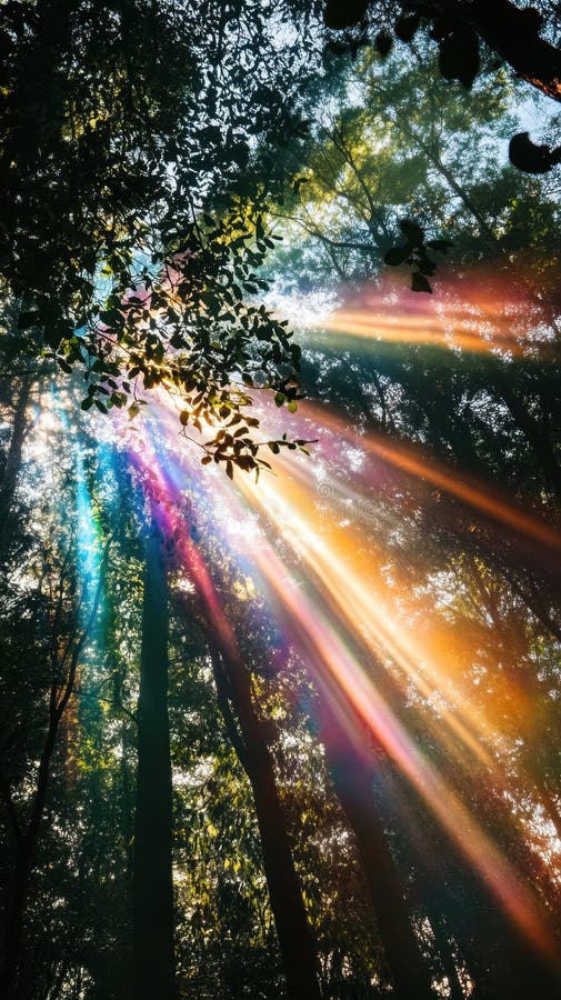 Colorful Sunlight Beams in Lush Green Forest with Vibrant Rainbow ...