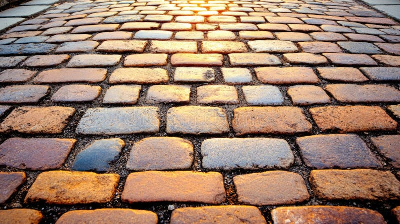 Colorful Sunlit Cobblestone Pathway with Worn Textured Stones at Sunset ...