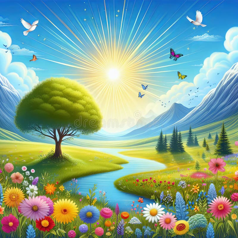 A Colorful, Sunny, Calming and Peaceful Nature Scene Stock Illustration ...