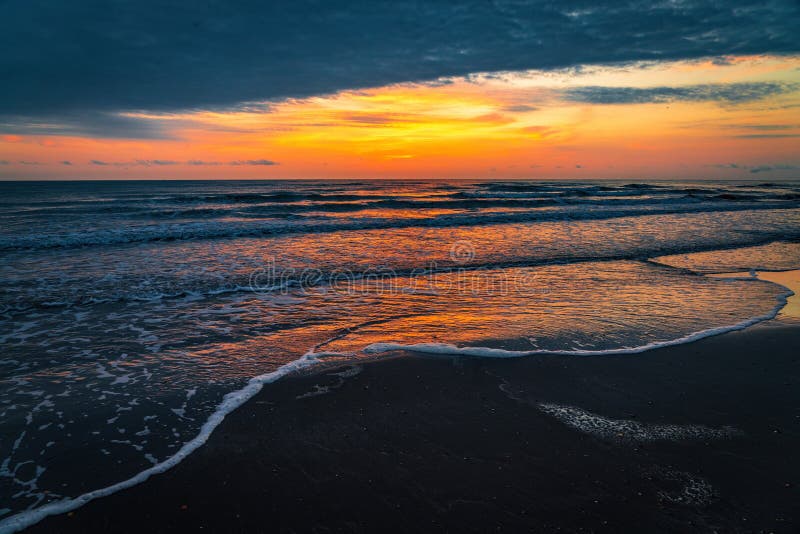 Colorful Sunrise on the Sea Sandy Beach. Predawn Hour Stock Image ...