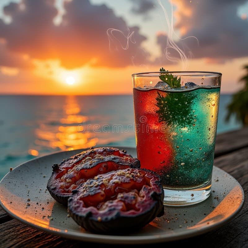 Colorful Sunset Cocktail with Exotic Fruit by the Ocean Stock Image ...