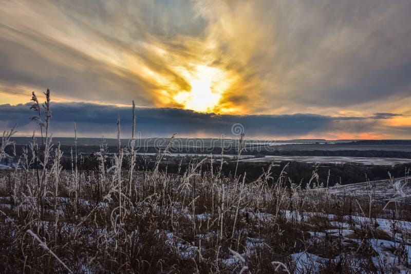 Colorful Sunset in the Field, Winter Sunset, Orange Bright Sunset in ...