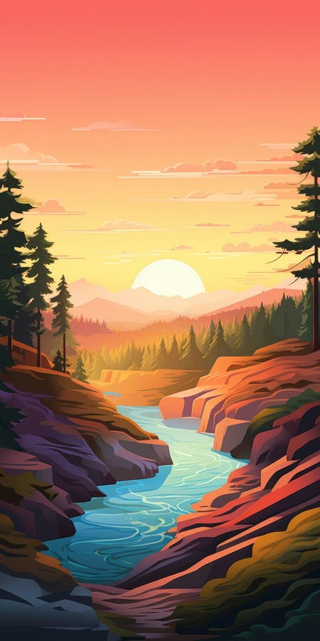Colorful Sunset Illustration with River in the Background Stock ...