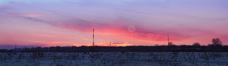 Colorful Sunset Over Blue Snow Field Panorama Stock Photo - Image of ...