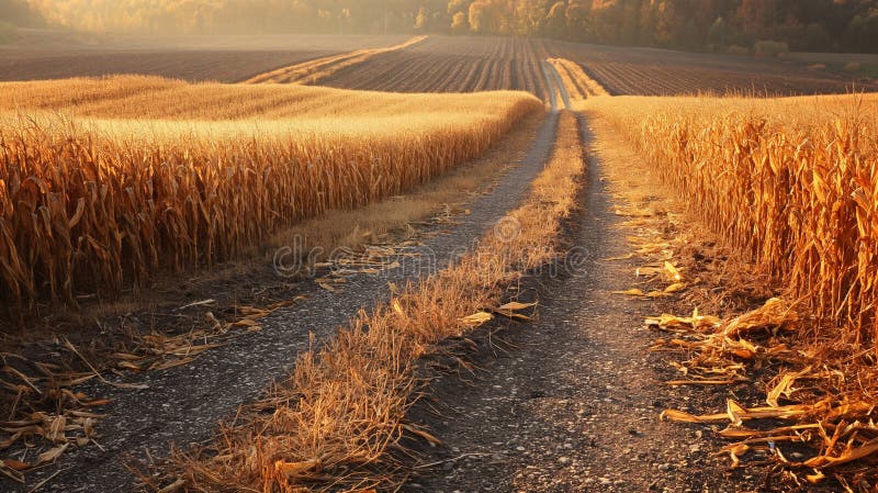A Colorful Sunset Over a Cornfield, Casting Long Shadows Across the ...