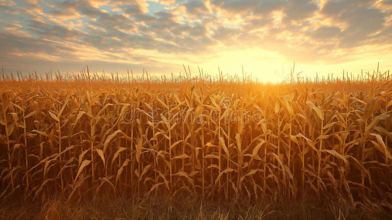 A Colorful Sunset Over a Cornfield, Casting Long Shadows Across the ...