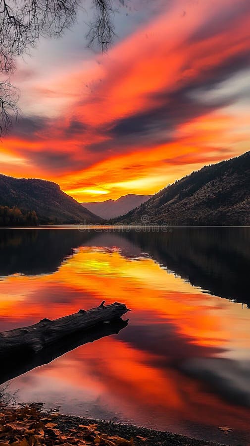 A Colorful Sunset Over a Lake with a Fallen Tree in the Foreground ...