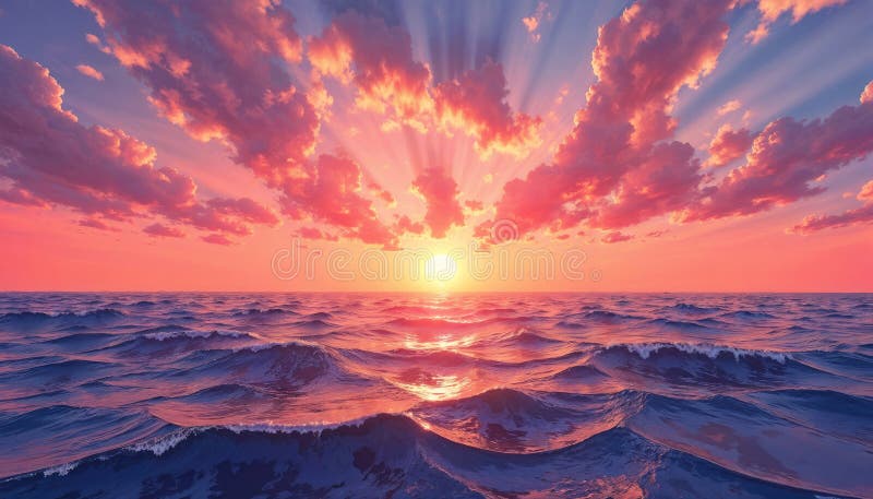 Colorful Sunset Over Ocean, Colorful Clouds, Beautiful Horizon Line ...