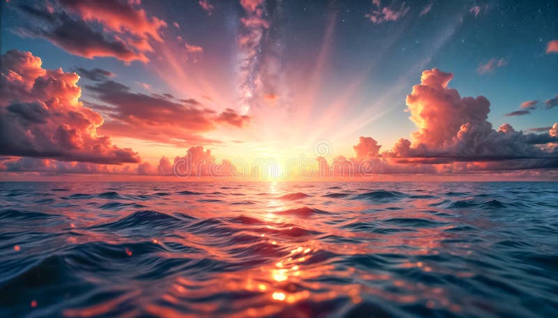 Colorful Sunset Over Ocean, Colorful Clouds, Beautiful Horizon Line ...