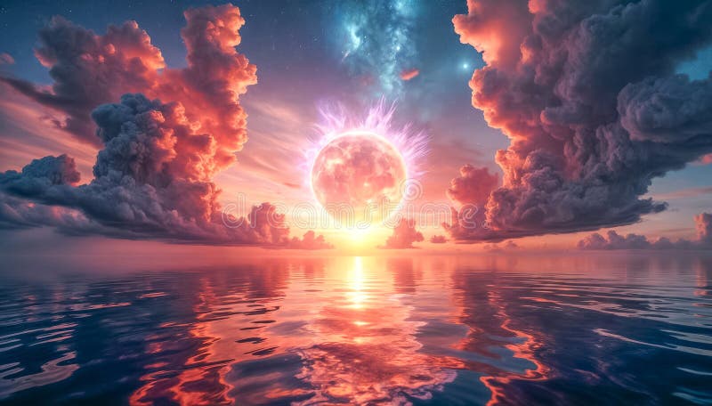 Colorful Sunset Over Ocean, Colorful Clouds, Beautiful Horizon Line ...