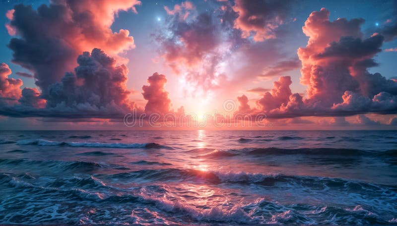 Colorful Sunset Over Ocean, Colorful Clouds, Beautiful Horizon Line ...
