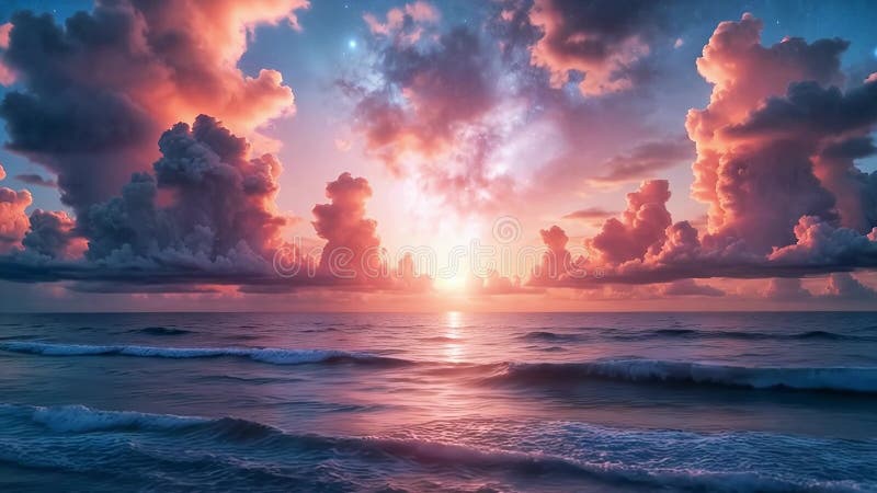 Colorful Sunset Over Ocean, Colorful Clouds, Beautiful Horizon Line ...