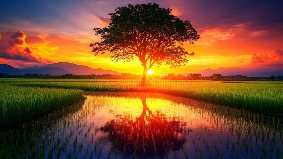 Colorful Sunset Over Rice Paddy Landscape with Tree Reflection Stock ...