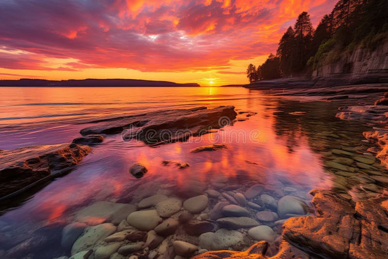 A Colorful Sunset Over the Water with Rocks and Trees Stock ...